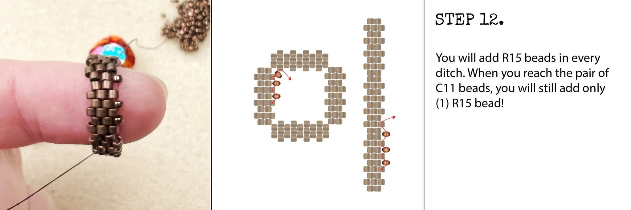 Peyote bezel of a cushion cut cabochon